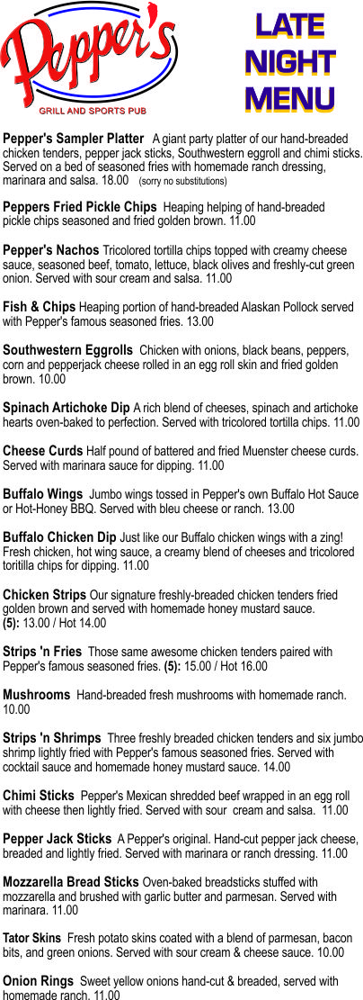 Menus - Peppers Sports Pub