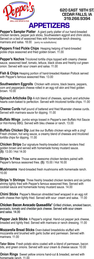 Menus - Peppers Sports Pub
